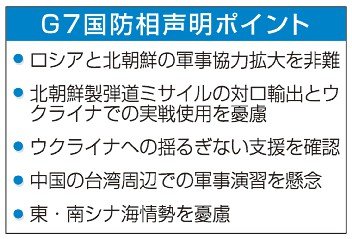 ロシア・北朝鮮の軍事協力非難 G7国防相初会合、中国に深刻な懸念｜北日本新聞webunプラス